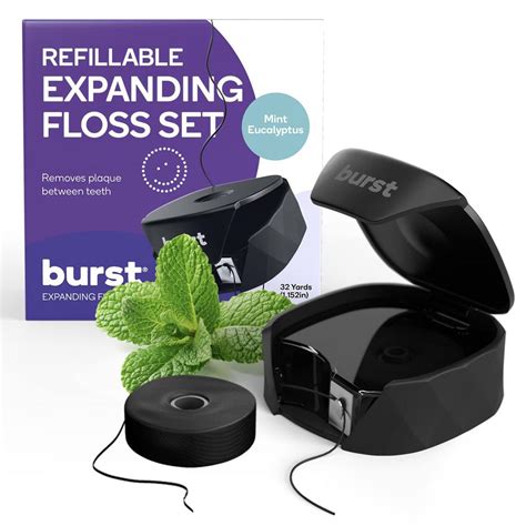 Burst Refillable Dental Floss Dispenser Set Mint Eucalyptus Scent Charcoal Coated Expanding