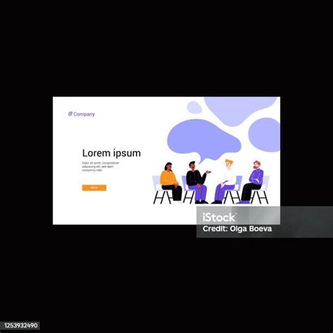 정신 전문가와 치료 세션에 참석 하는 다른 사람들의 그룹 그룹 심리 치료 세션 심리학자와의 대화 웹 사이트 메인 페이지 템플릿 감정에 대한 스톡 벡터 아트 및 기타 이미지