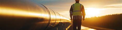 Infrastructure Worker Walking Along A Pipeline At Sunset Oil And Gas