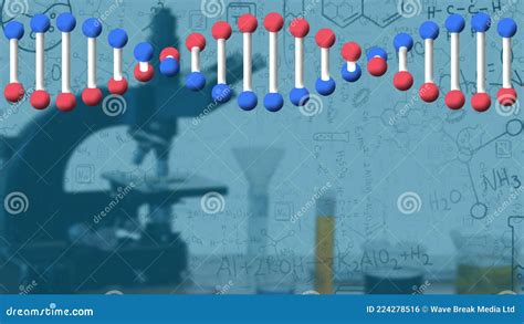 Dna Structure Spinning Over Microscope Against Chemical Structures On White Background Stock