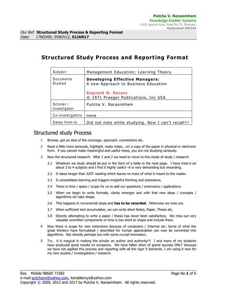 Structured Study Process And Reporting Format PDF Educational Assessment Education