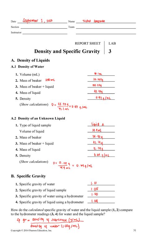 Pre Lab Density And Specific Gravity Copyright Pearson