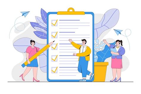 연필과 클립보드 또는 비즈니스 작업으로 현대적인 체크리스트를 만드는 사업가 그룹 방문 페이지를 위한 평면 만화 캐릭터 디자인