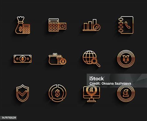 체크 표시 동전 돈 달러 기호 계산기 가방 컴퓨터 모니터 파운드 스털링 지갑 동전 엔 및 돋보기 지구 아이콘과 라인 방패를