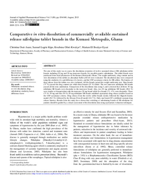 Pdf Comparative In Vitro Dissolution Of Commercially Available Sustained Release Nifedipine