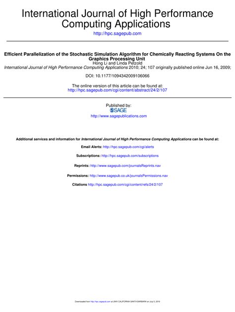Pdf Efficient Parallelization Of The Stochastic Simulation Algorithm For Chemically Reacting