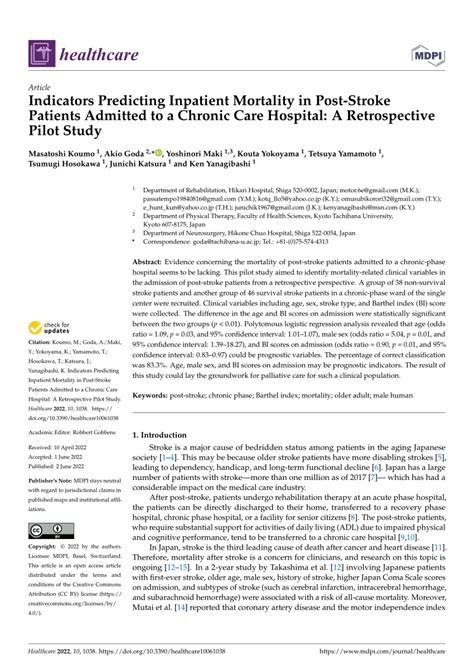 Pdf Indicators Predicting Inpatient Mortality In Post Stroke Patients
