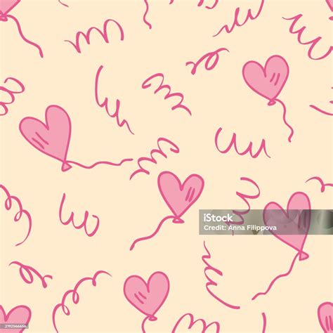 발렌타인 데이 하트 모양의 비행 풍선과 뱀이 있는 완벽 한 패턴 섬유 직물 카드 판매에 대 한 축제 축하 인쇄 손으로 그린 벡터 그림입니다 공휴일에 대한 스톡 벡터 아트 및