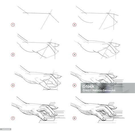 페이지는 피아노를 연주하는 인간의 스케치를 그리는 방법을 보여줍니다 단계별 연필 그리기 만들기 아티스트를 위한 교육 페이지입니다