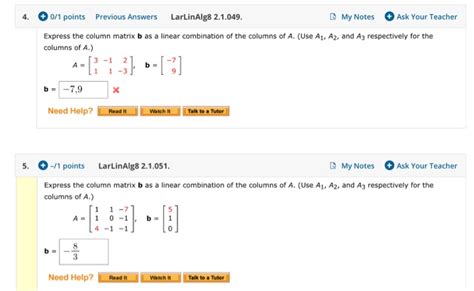 Solved 4 0 1 Points Previous Answers Larlinalg8 2 1 049 My