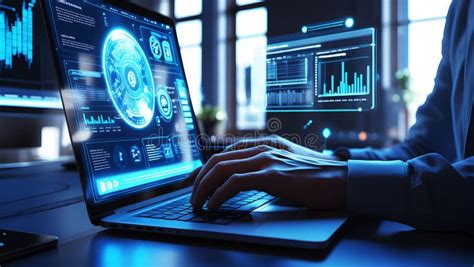 Cybersecurity Professional Working On A Laptop With Digital Interface And Data Analysis Stock