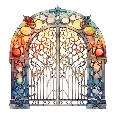 Premium Ai Image Wrought Iron Gate With Stained Glass Bringing Out Watercolor Gate Beauty Art