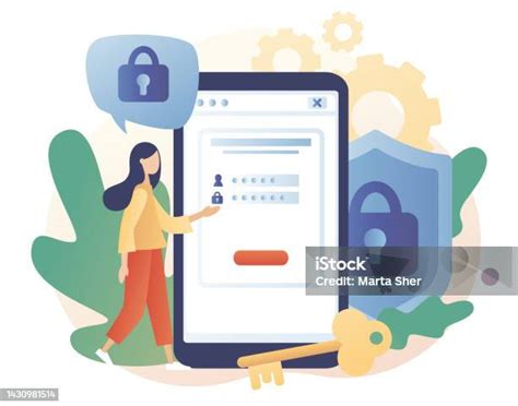 스마트폰 앱의 계정 로그인 및 암호 사이버 보안 데이터 보호 온라인 등록 기밀 유지 개념 현대 플랫 만화 스타일 흰색 배경에