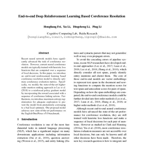 End To End Deep Reinforcement Learning Based Coreference Resolution Acl Anthology