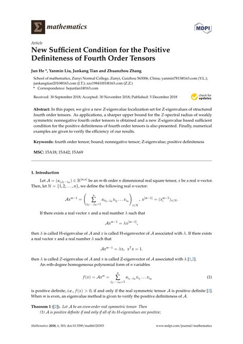 Pdf New Sufficient Condition For The Positive Definiteness Of Fourth Order Tensors