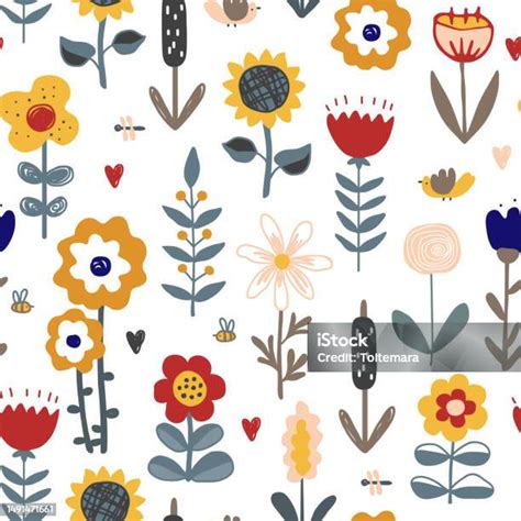 귀여운 손으로 그린 꽃 원활한 패턴입니다 스칸디나비아 스타일의 보육원 또는 소박한 배경 섬유 인사말 월페이퍼 포장지 카드 배너 디자인 벡터 그림 0명에 대한 스톡 벡터 아트