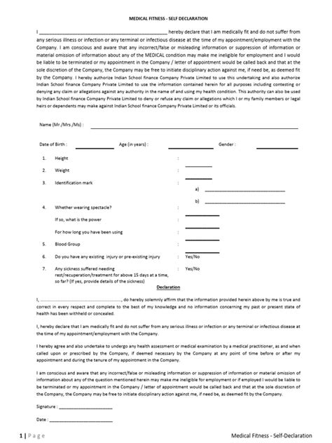 Medical Fitness Self Declaration Download Free Pdf Infection