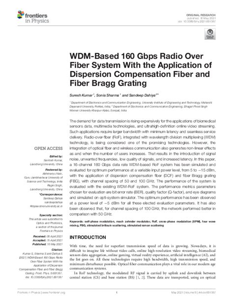 Pdf Wdm Based 160 Gbps Radio Over Fiber System With The Application Of Dispersion Compensation