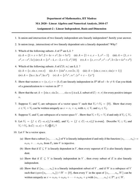 Assignment 2 Linear Subspace Basis Linear Algebra