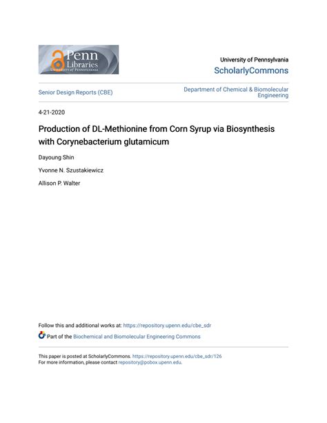Pdf Production Of Dl Methionine From Corn Syrup Via Biosynthesis With Corynebacterium Glutamicum