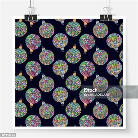 크리스마스 트리 공 패턴 바인더 클립에 젠탱글 새해 포스터 겨울 휴가 엽서 배경 크리스마스 인쇄 제품 또는 웹 디자인을위한 벡터 일러스트레이션 12월에 대한 스톡 벡터 아트