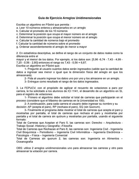 Guía Arreglo Unidimensional De Ejercicio Arreglos Unidimensionales Escriba Un Algoritmo En