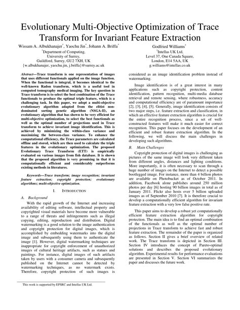 Pdf Evolutionary Multi Objective Optimization Of Trace Transform For Invariant Feature Extraction