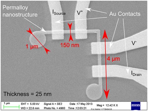 Sem Image Of The 150 Nm Wide L Shaped Py Device With Gold Electrodes