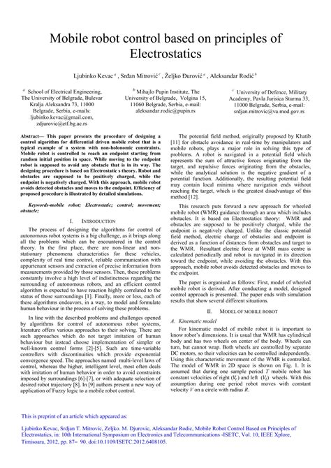 Pdf Mobile Robot Control Based On Principles Of Electrostatics