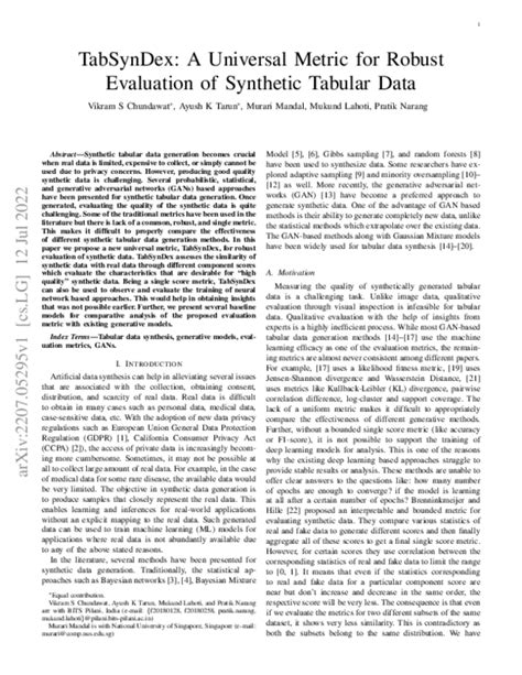 Pdf Tabsyndex A Universal Metric For Robust Evaluation Of Synthetic Tabular Data