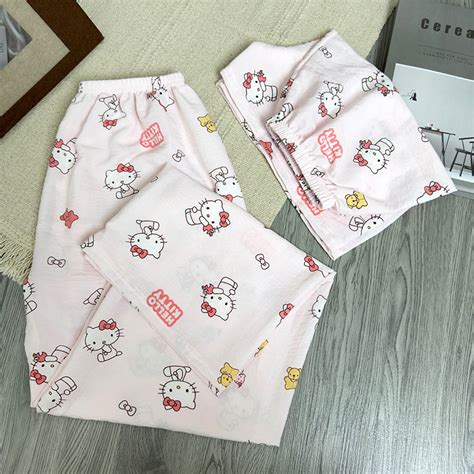 Đồ Ngủ Quần Mặc Nhà Hello Kitty Mỏng Mùa Hè Cho Nữ Quần Thường Ngày Phong Cách Hàn Quốc Màu Hồng