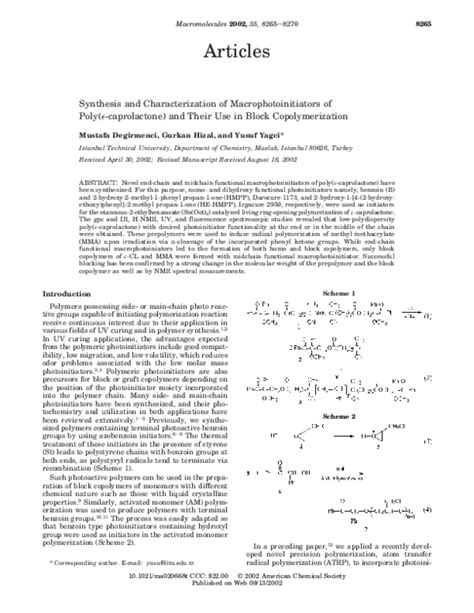Pdf Synthesis And Characterization Of Macrophotoinitiators Of Poly ε Caprolactone And Their