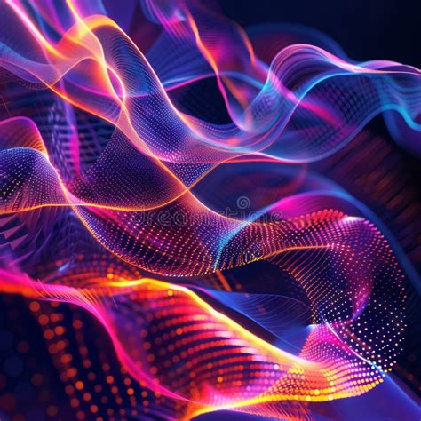 Abstract Digital Artwork Of Glowing Colorful Wave Patterns With Light Particles Stock