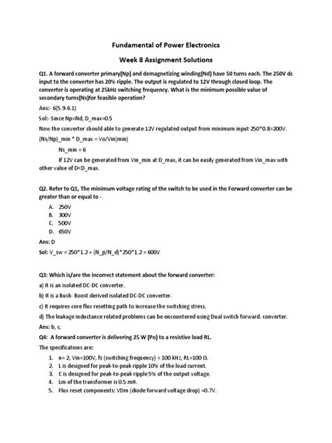Fundamental Of Power Electronics Week 8 Assignment Solutions Pdf Physical Quantities