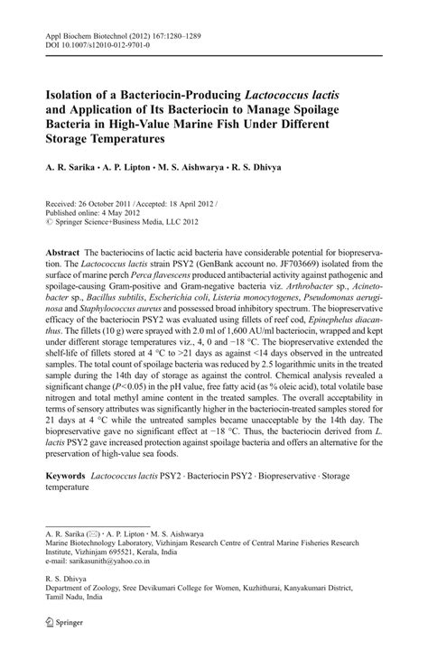 Pdf Isolation Of A Bacteriocin Producing Lactococcus Lactis And