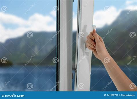 Woman Opening New Modern Window Stock Image Image Of Interior Home 141682789