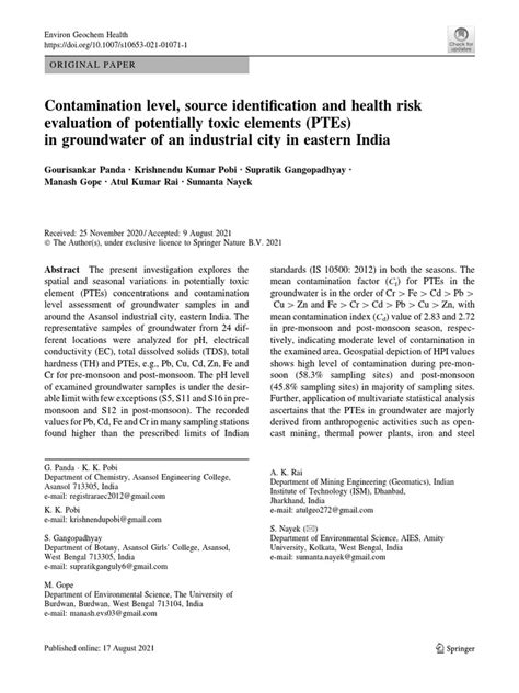 Contamination Level Source Identification And Health Risk Evaluation Of Potentially Toxic
