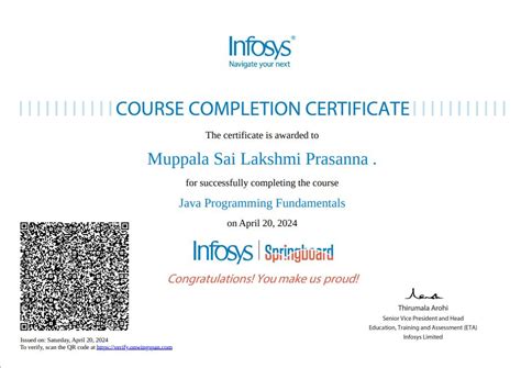 completed java course on infosys springboard sai lakshmi prasanna muppala posted on the topic