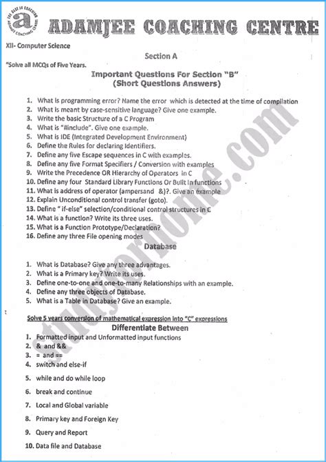 Computer Science 12th Adamjee Coaching Guess Paper 2024