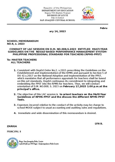 School Memo On Rpms 2023 Department Of Education Region Viii Eastern Visayas Division Of