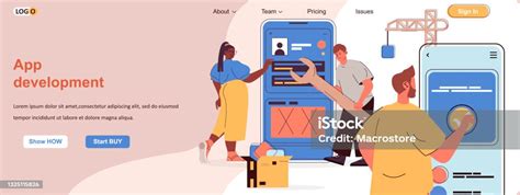 앱 개발 웹 개념입니다 개발자는 소프트웨어를 만들고 모바일 앱 인터페이스 장면을 빌드합니다 플랫 라인 문자 디자인 배너 템플릿