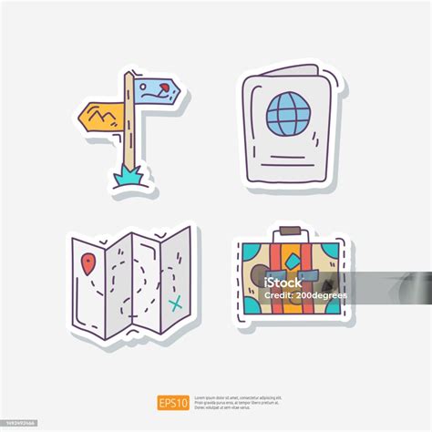 여행 여행과 휴가 휴가 개념 벡터 그림입니다 간판 지도 신분증 여권 여행 가방 여름과 관광 낙서 스티커 세트 아이콘 가방에 대한 스톡 벡터 아트 및 기타 이미지 Istock