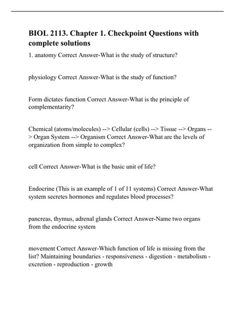 BIOL 2113 Chapter 1 Checkpoint Questions With Complete Solutions
