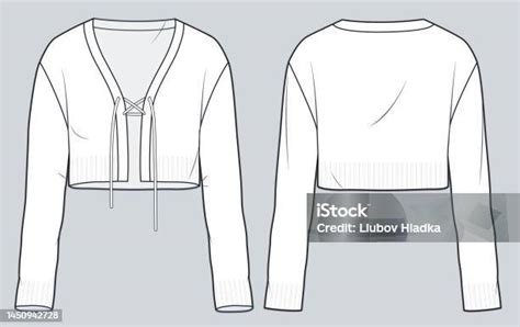 여성용 카디건 기술 패션 일러스트 자른 니트 카디건 패션 플랫 기술 도면 템플릿 V 넥 긴 소매 레이스 업 앞면과 뒷면보기 화이트 Cad 모형 긴팔에 대한 스톡 벡터 아트