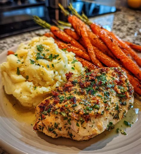 Garlic Herb Chicken With Creamy Mash Roasted Carrots Delight Vihaad