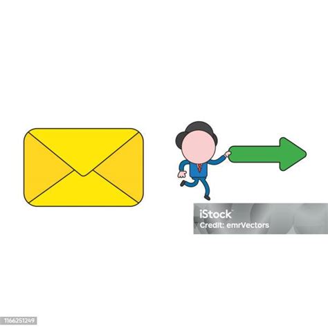 닫힌 메일 봉투와 오른쪽을 가리키는 화살표를 들고 사업가 캐릭터의 벡터 그림입니다 색상 및 검은색 윤곽선 개념에 대한 스톡 벡터