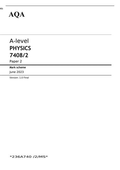 AQA A Level PHYSICS Paper MARK SCHEME A Level PHYSICS Stuvia US