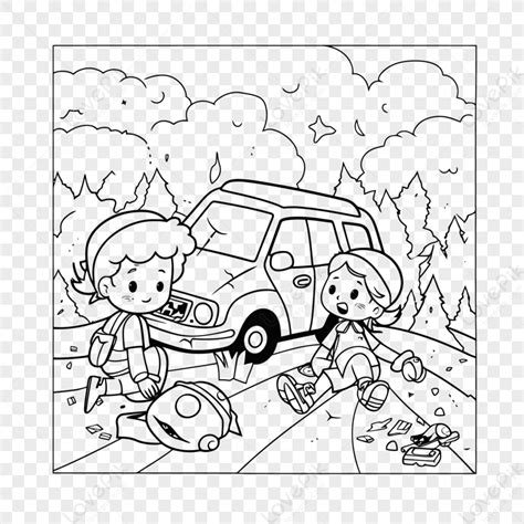 자동차 아웃라인 스케치 드로잉을 놀고 쫓는 동안 밖에 있는 세 아이의 색칠 페이지 벡터만화몸짓 Png 일러스트 무료 다운로드 Lovepik