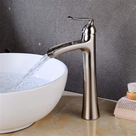 Wovier Brushed Nickel Waterfall Bathroom Sink Faucetsingle Handle Single Hole Vessel Lavatory