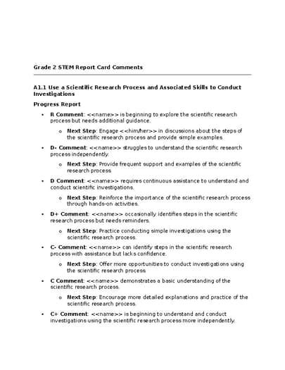 Grade 2 Science And Technology Report Card Comments 2025 Editable